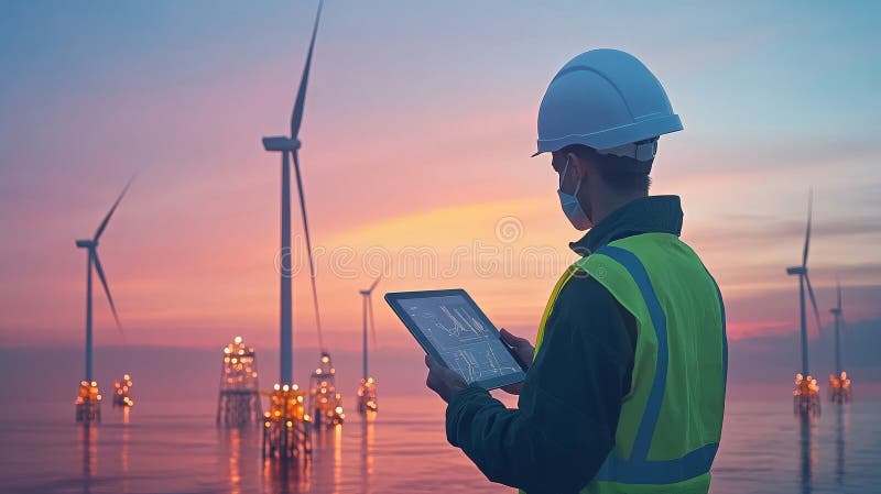 At Sunset, an Engineer Performs Maintenance on a Wind Turbine in the ...