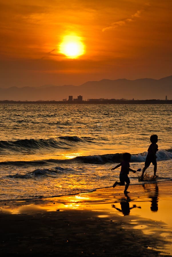 Sunset at Enoshima with the Kids Stock Photo - Image of cheerful ...