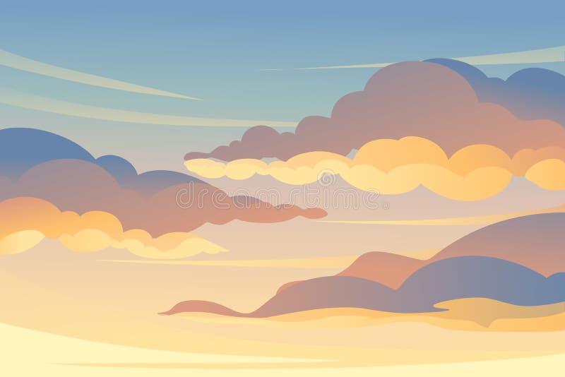 Sunset Evening Sky with Clouds Background Vector Wide Horizontal ...
