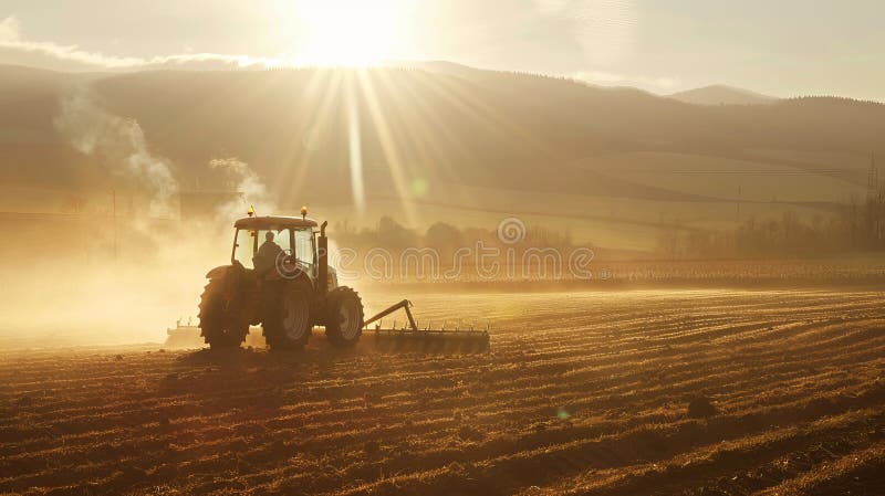 Sunset Farming: Tractor Plowing a Dusty Field in Golden Light Stock ...