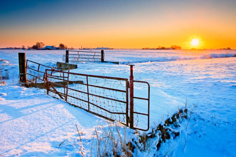 Sunset and Fence with Grassland in Winter Stock Image - Image of fence ...