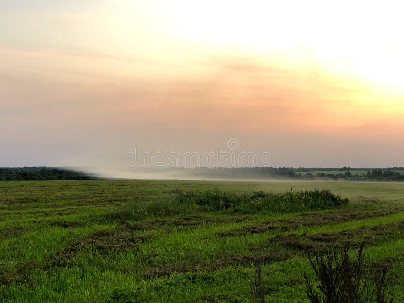 Sunset Field Fog Landscape. Sunset Fog Field View. Sunset Sky Field Fog ...