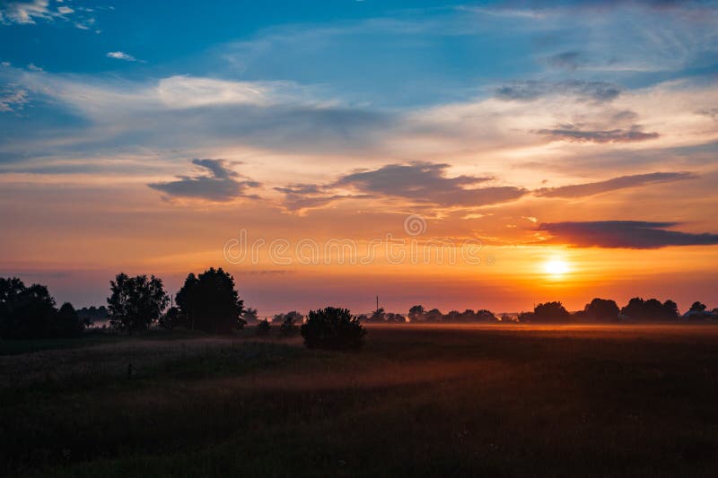 Sunset in the field stock image. Image of land, grass - 129593081