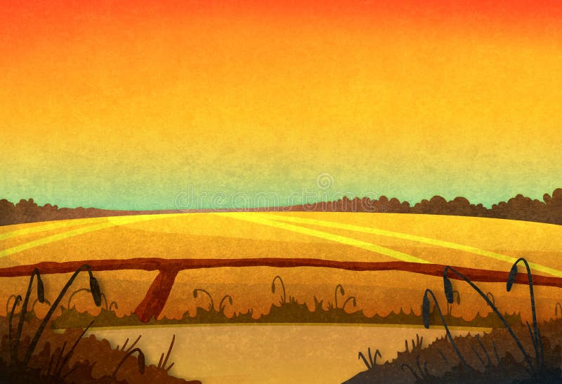 Sunset in the fields. stock illustration. Illustration of hill - 56850686