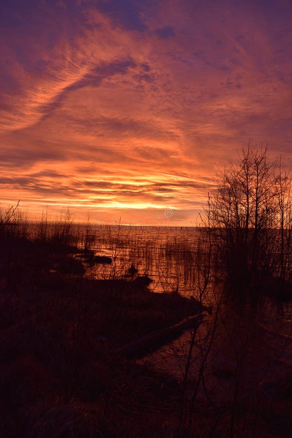 Sunset in Fiery Red Colors on the Shore of the Lake Stock Photo - Image ...