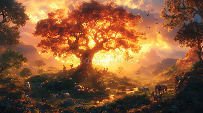 Sunset, Fiery Tree, Savanna, Animals, Peaceful Scene Stock Illustration ...