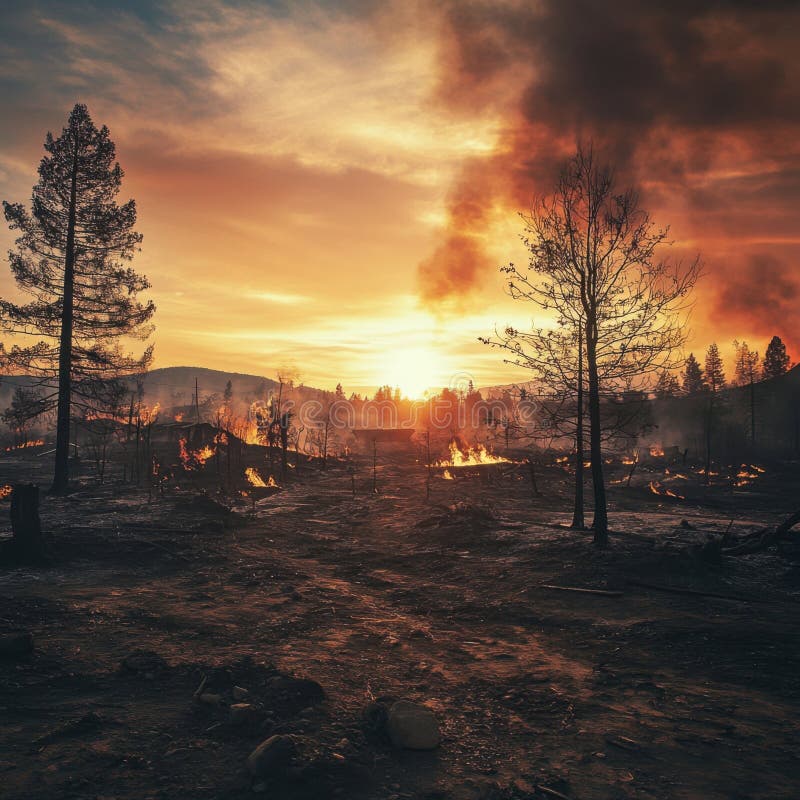 Sunset after the Fire stock illustration. Illustration of trees - 366271782