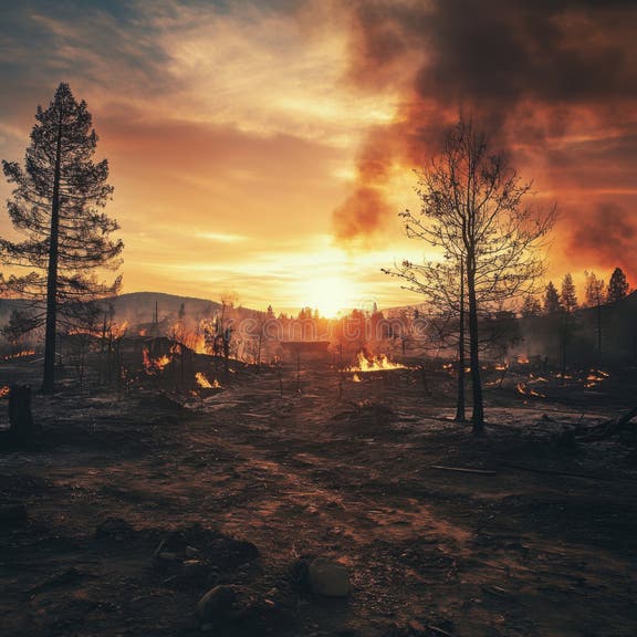 Sunset after the Fire stock illustration. Illustration of trees - 366271782