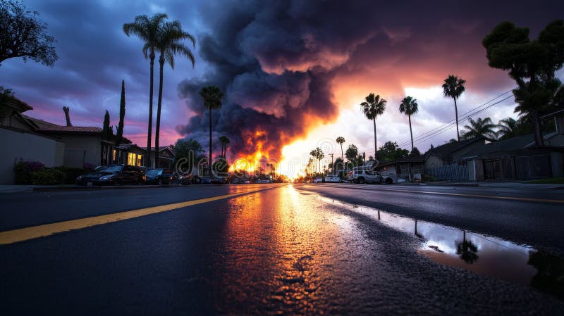 Sunset Fire Reflection Dramatic Sunset Scene with a Large Fire in the ...