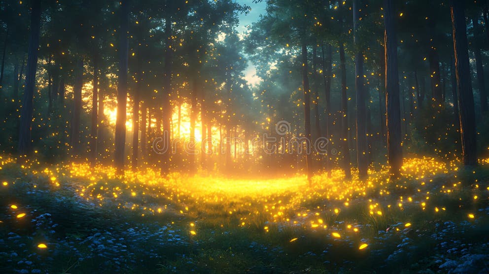 Sunset Fireflies Illuminating Forest Path Stock Illustration ...