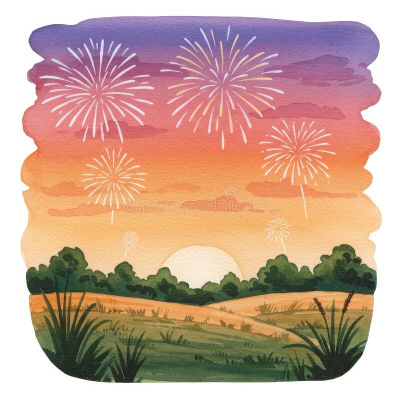Sunset Fireworks Landscape Painting Stock Illustration - Illustration ...