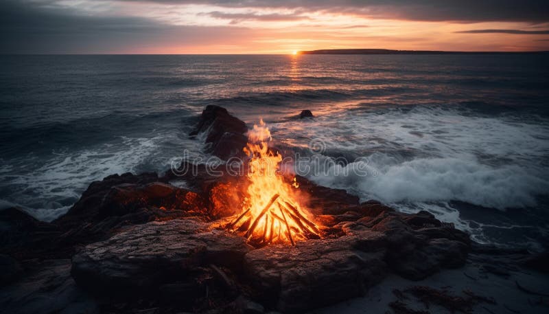 Sunset Flame Burns Over Crashing Wave on Rocky Coastline Horizon ...