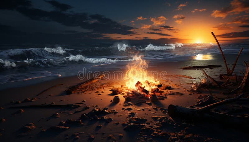 Sunset Flame, Heat Burning, Water Wave, Night Sky Glowing Generated by ...
