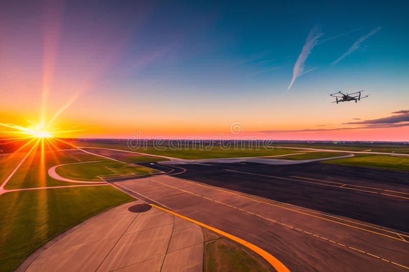 Sunset Flight Airplane Soaring Over Airport Runway.AI Generated Stock ...