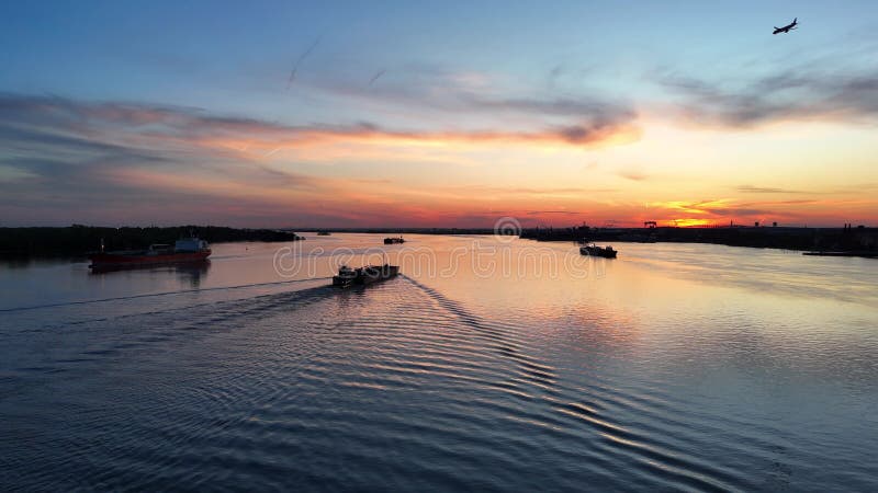 Sunset Flight Delaware River with Ships and Planes Stock Video - Video ...