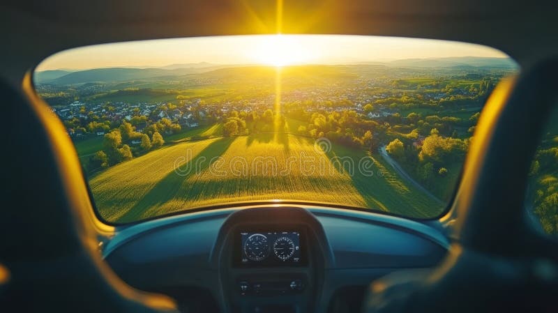 Sunset Flight Over Green Fields Inside the Cockpit of a Small Aircraft ...