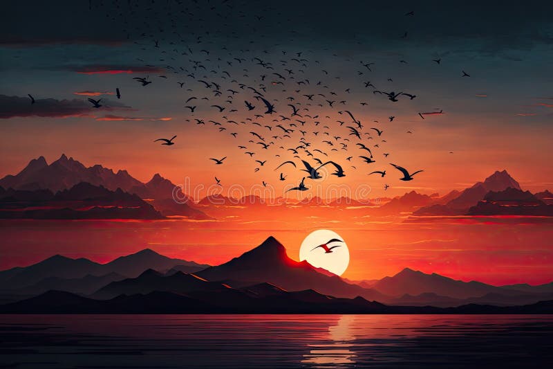 Sunset, with a Flock of Birds Flying Above the Horizon Stock ...