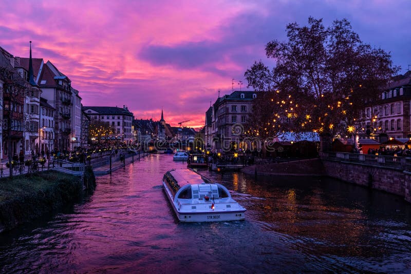 Sunset with a Fly Boat in the City of Strasbourg Editorial Photo ...
