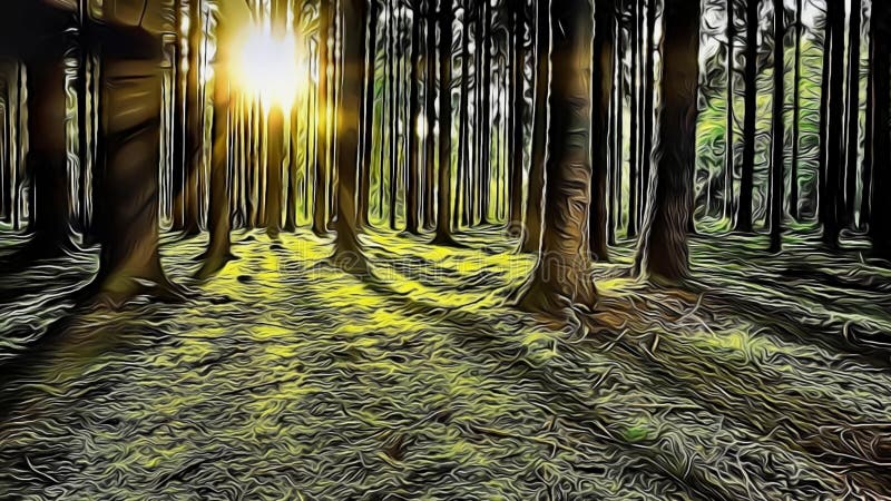 Sunset in the Forest - Art Collection Stock Illustration - Illustration ...