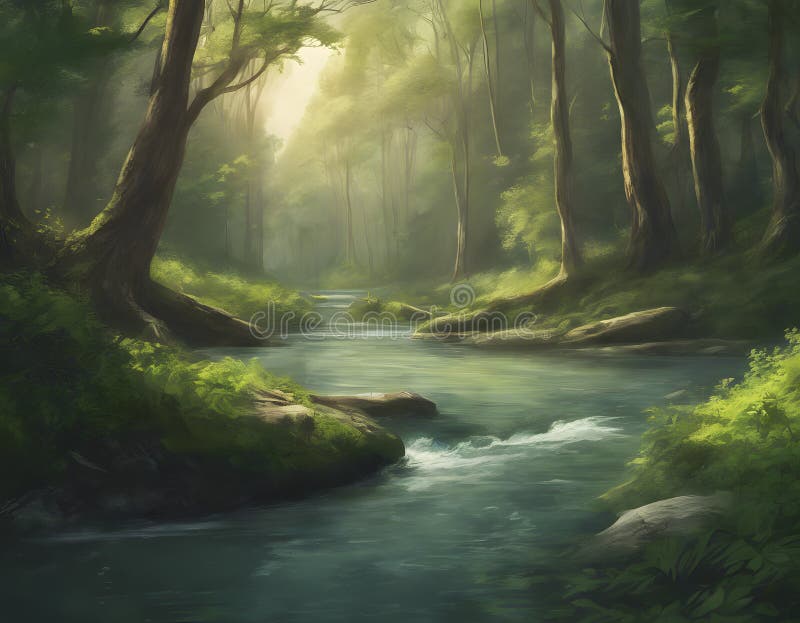 Sunset in the Forest, Clean River, Generative AI Stock Photo - Image of ...