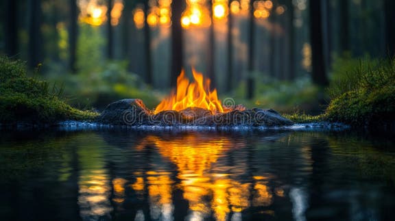 Sunset Forest Fire Reflection in Calm Water Stock Illustration ...