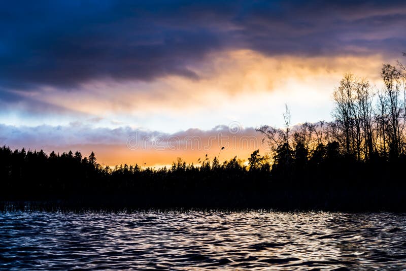 Sunset on the forest lake. stock image. Image of dawn - 240285749