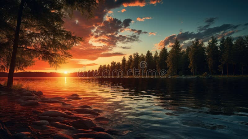 Sunset in Forest Lake with Pine Trees. Stock Photo - Image of pine ...