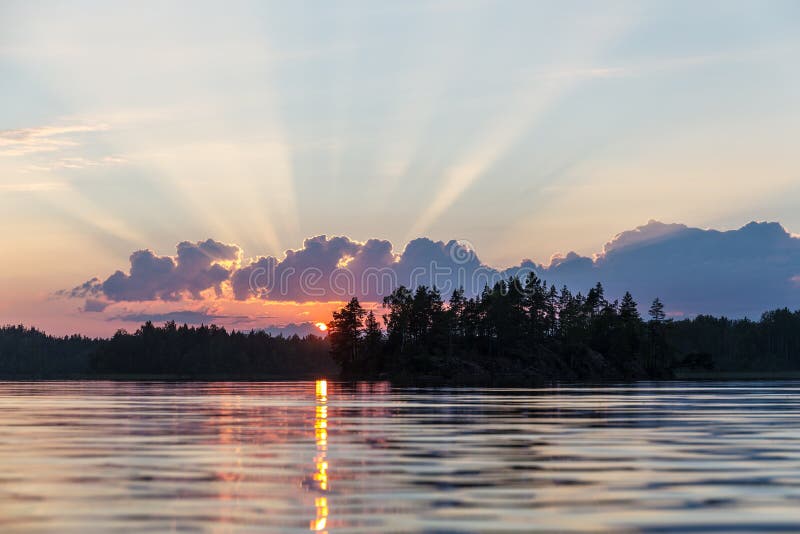 Sunset on a forest lake stock photo. Image of yellow - 123025462