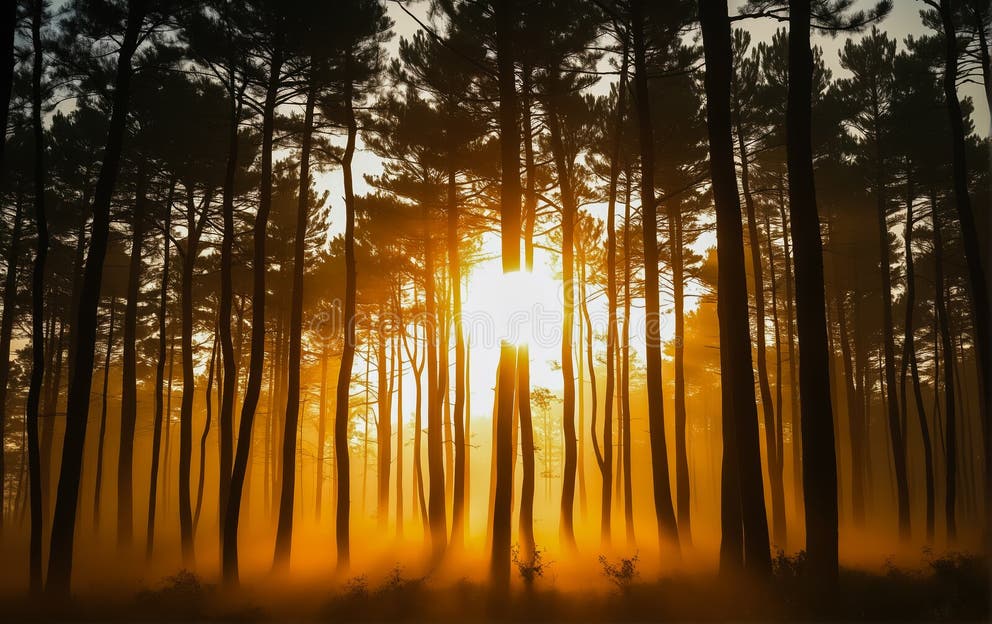 Sunset in the Forest on the Mountainside: Sun Rays Break through the ...