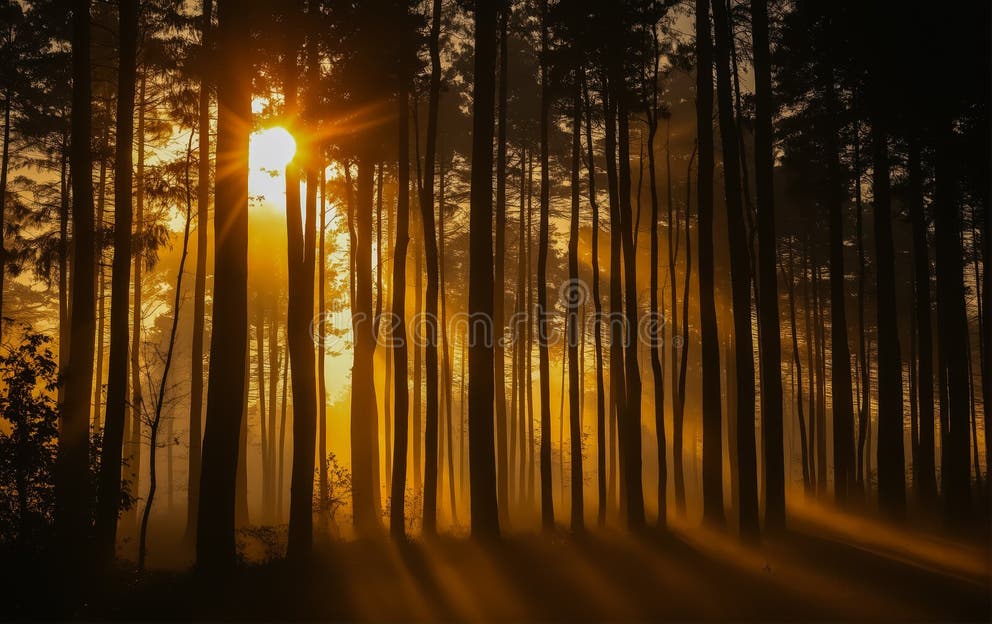Sunset in the Forest on the Mountainside: Sun Rays Break through the ...
