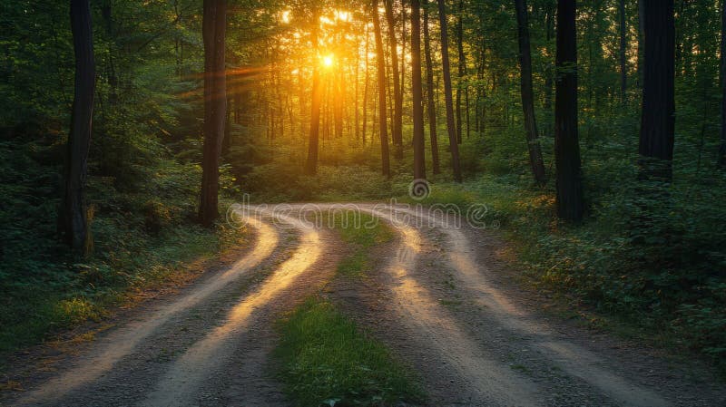 Sunset Forest Path: Golden Hour Light on Dirt Road Stock Illustration ...
