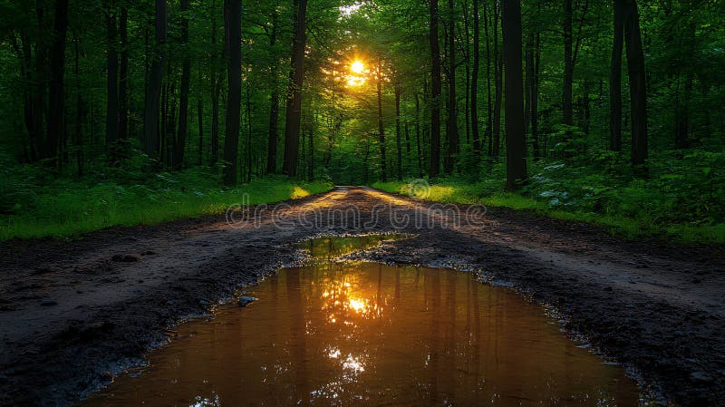Sunset Forest Path Puddle Reflection Nature Scene Stock Illustration ...
