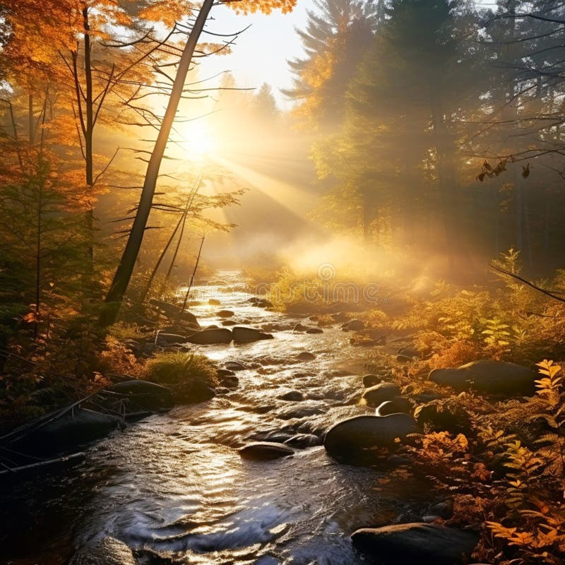 Sunset in the Forest with a River and Trees in the Autumn Month Stock ...