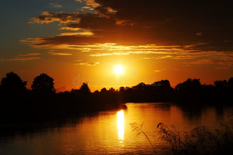 Sunset Forest River and Yellow Gold Stock Image - Image of gold, sunset ...