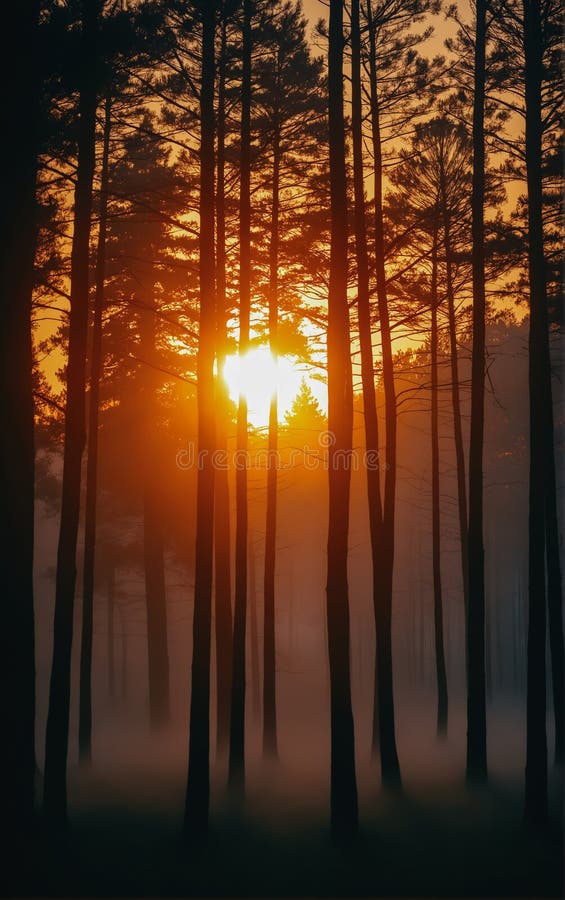 Sunset in the Forest: Sun Rays Breaking through the Tree Trunks during ...
