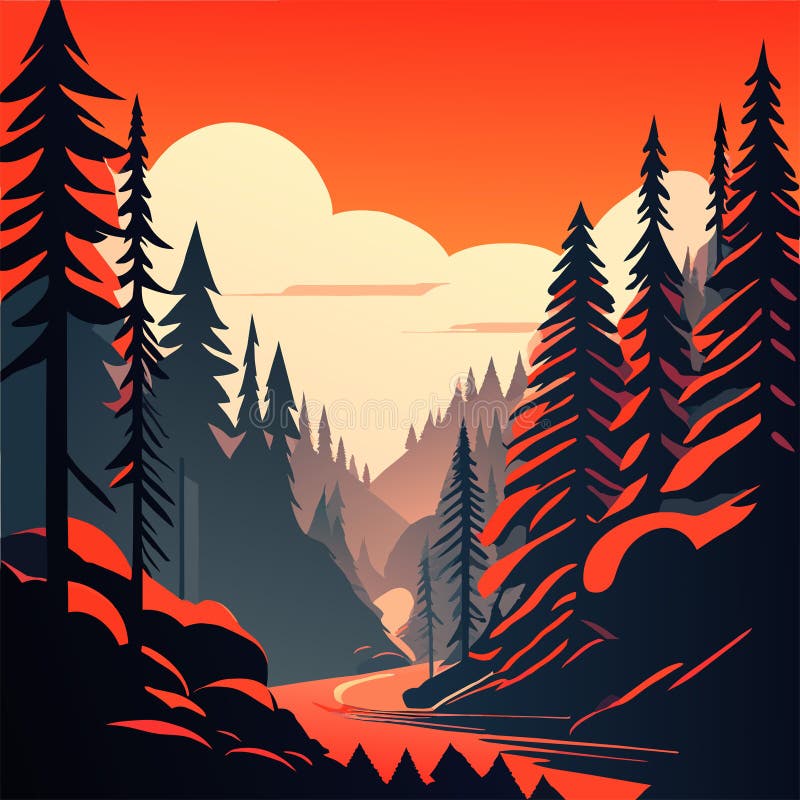 Sunset in the Forest. Vector Illustration in a Flat Style Stock ...