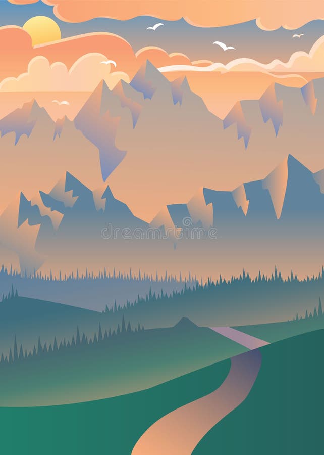 Sunset in Forest Vector Illustration Stock Illustration - Illustration ...