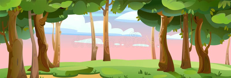 Sunset in Forest. View of Trees. Scenery Landscape. Fun Cartoon Style ...