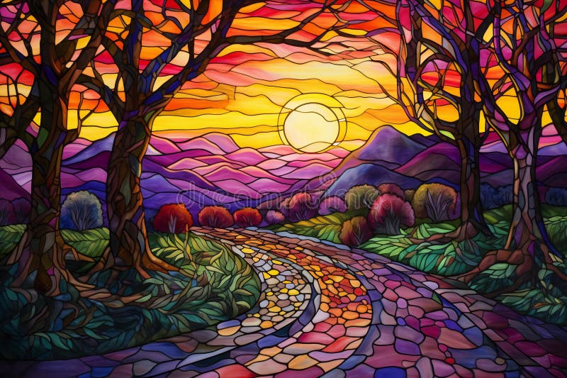 Sunset in the Forest, Watercolor Illustration, Stained Glass Window ...
