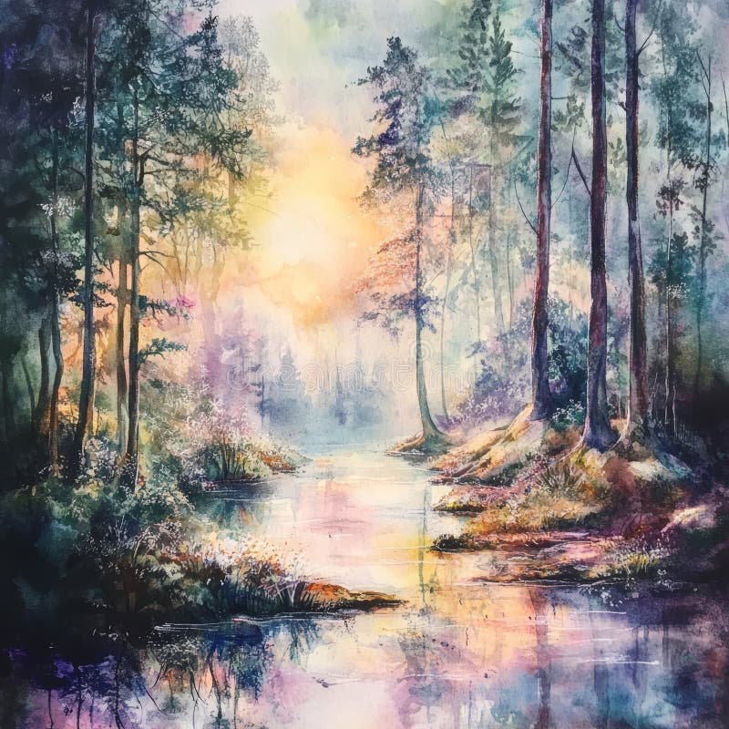 Sunset in the Forest. Watercolor Painting. Digital Illustration Stock ...