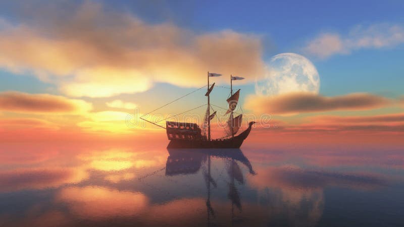 Sunset Full Moon at Ocean and Old Ship Stock Video - Video of glowing ...