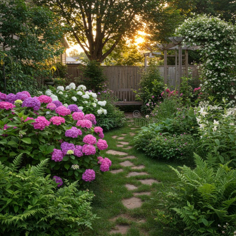 Sunset Garden Path with Pink Hydrangeas Stock Image - Image of evening ...