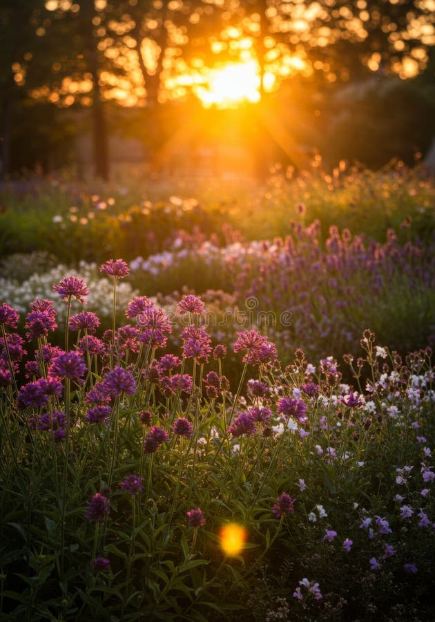 Sunset Garden with Purple Flowers Stock Illustration - Illustration of ...