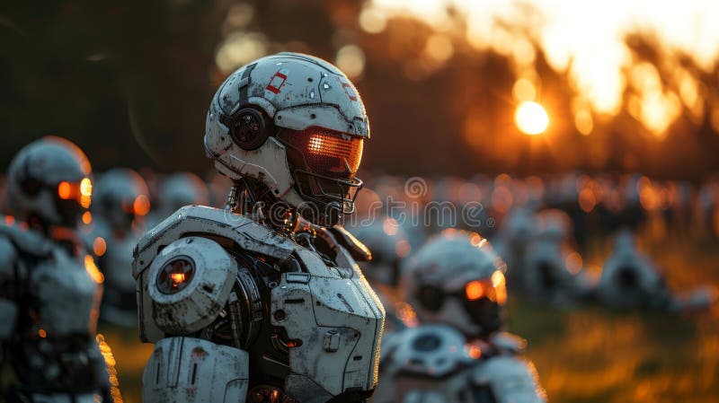 Sunset Gathering of Advanced Humanoid Robots Stock Photo - Image of ...