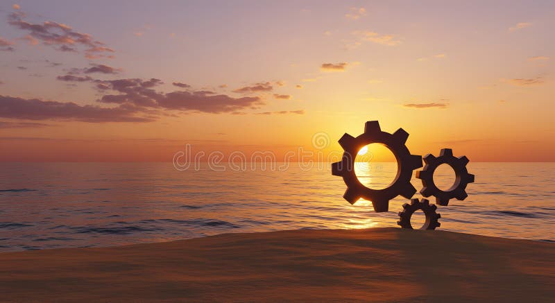 Sunset Gears on Beach: Teamwork and Success Concept Stock Image - Image ...