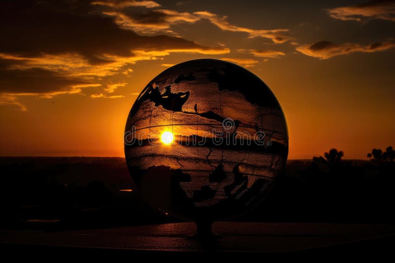 Sunset, with the Globe and Its Continents in Silhouette Stock ...