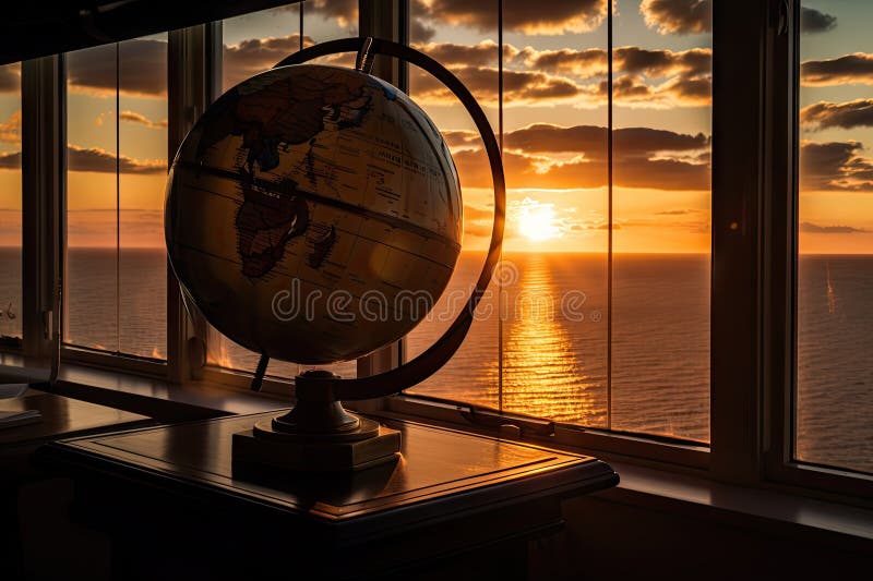 Sunset, with the Globe and Its Continents in Silhouette Stock ...