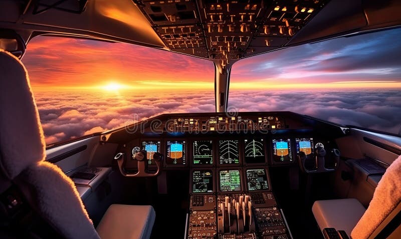 Sunset Glow in the Aircraft Cockpit Stock Illustration - Illustration ...