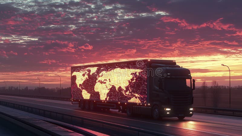 Sunset Glow with Digital World Map on a Truck Stock Illustration ...