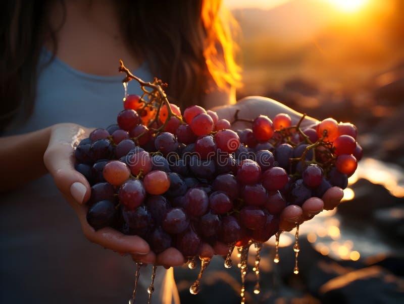 Sunset Glow on Grape Fields: Realistic Handheld Bunch of Grapes Stock ...